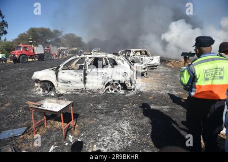 Jwaneng, Botswana. 25th June, 2023. People gather at a site where cars ...