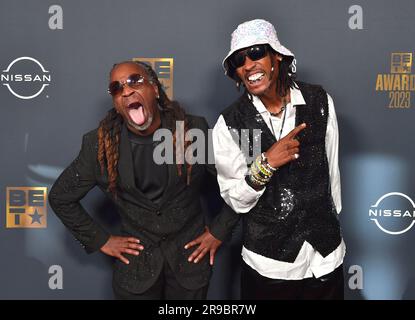 Kaine, left, and D-Roc of Ying Yang Twins pose in the press room at the ...