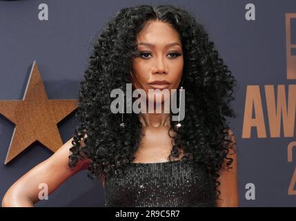Muni Long arrives at the BET Awards on Sunday, June 26, 2022, at the ...