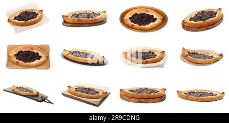 Collage of delicious sweet cottage cheese pastry with jam on white ...