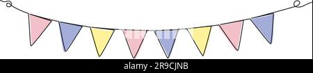 continuous single line drawing of bunting garland, pastel colored ...