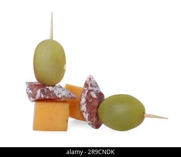 Toothpick appetizers. Tasty cheese, sausage, and crackers on white ...