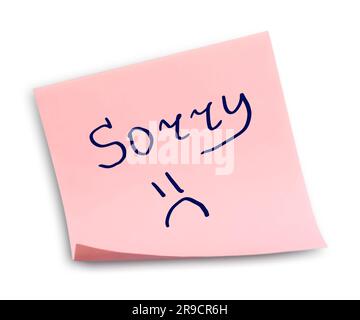 Apology. Sticky note with word Sorry and drawn sad face pinned on white ...