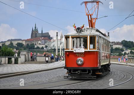 Historical tram operated by the Prague Transport Company (PDP) for ...