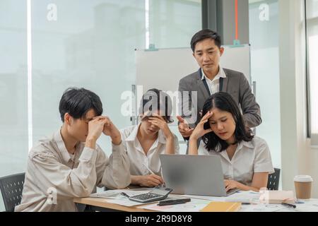 Stressed overwhelmed businesspeople feels tired at corporate meeting ...