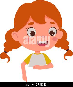 Cute little girl points her finger up. Friendly hand gesture. Happy kid ...