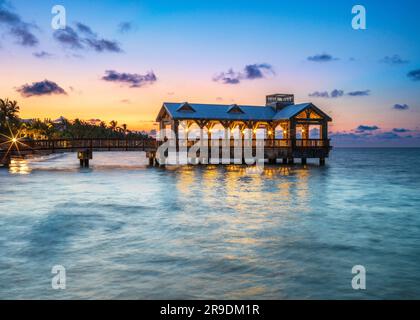 A scenic view of a wooden pier at the Key West island in Florida ...