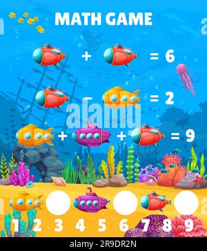 Math game worksheet, underwater landscape with sea animals and fish ...