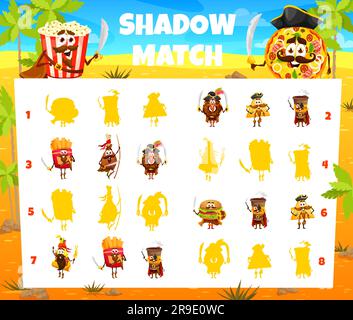 Shadow match game. Cartoon fastfood characters on sport vacation ...