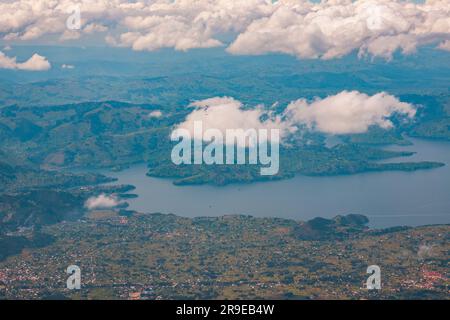 Aerial view of Lake Burera in Rwanda seen from Mount Muhabura in ...