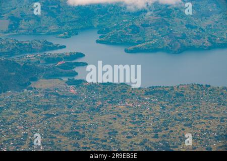 Aerial view of Lake Burera in Rwanda seen from Mount Muhabura in ...
