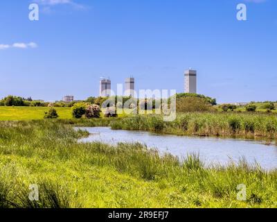 Saltholme nature reserve with the modern towers of the Quorn food ...