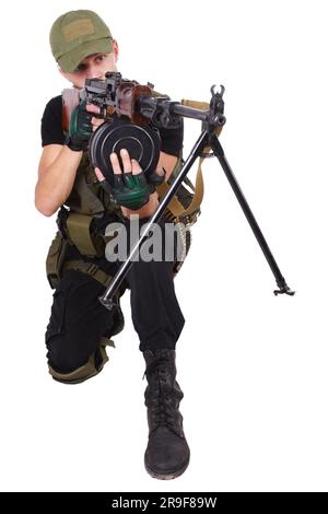Private Military Company operator with machine gun on white background ...