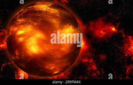 Sun star burning with fiery intensity and planet. Red, yellow and ...