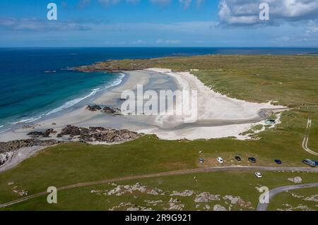 Aerial view of Balevullin Bay beach, Isle of Tiree, Inner Hebrides ...