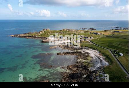Aerial view of the rugged coastline at Hynish, Isle of Tiree, Inner ...