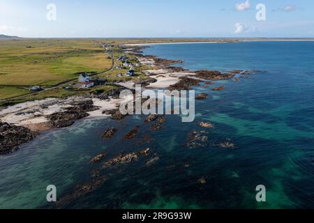 Aerial view of the rugged coastline, Mannal, Tiree, Inner Hebrides ...
