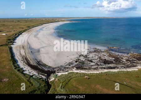Aerial view of Soroby Bay, Balinoe, Tiree, Inner Hebrides, Scotland ...