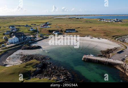 Aerial view of Scarinish Harbour, Tiree, Inner Hebrides, Scotland, UK ...