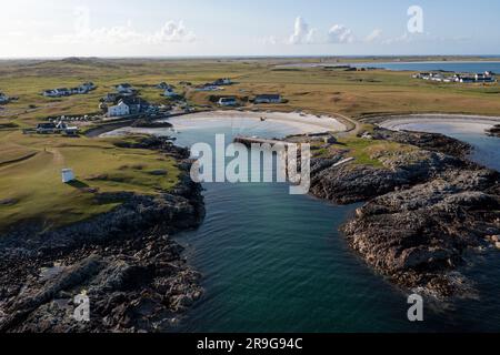 Aerial view of Scarinish Harbour, Tiree, Inner Hebrides, Scotland, UK ...