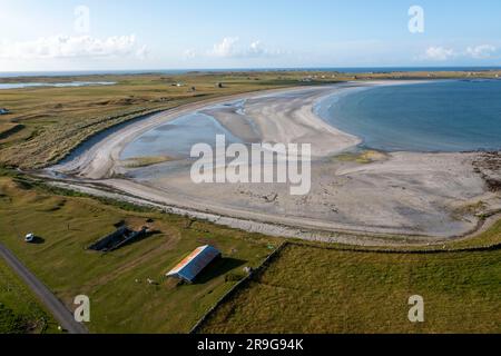Aerial view of Gott Bay beach, Tiree, Inner Hebrides, Scotland, UK ...