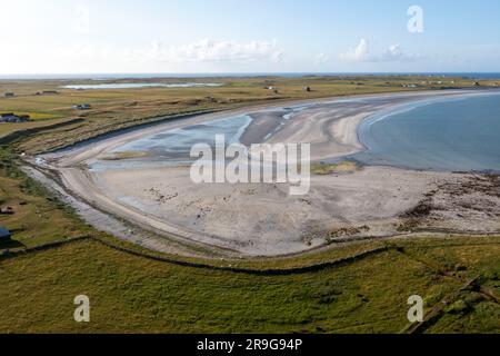 Aerial view of Gott Bay beach, Tiree, Inner Hebrides, Scotland, UK ...