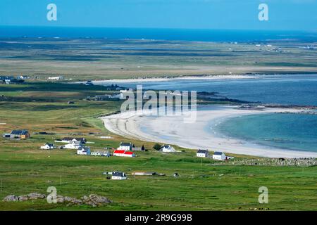 Aerial view of Soroby Bay, Balinoe, Tiree, Inner Hebrides, Scotland ...
