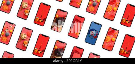 Many mobile phones with Chinese wallpapers on screens against white ...