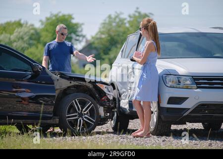 Drivers of smashed vehicles arguing who is guilty in car crash accident ...