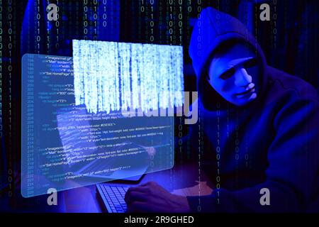 Hacker near computers in dark room and digital symbols on background. Cyber crime concept Stock ...