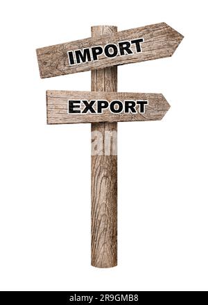 Import Export arrow shaped wooden road sign on yellow background Stock ...