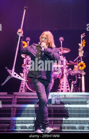 Def Leppard vocalist Joe Elliott is shown performing on stage during a ...