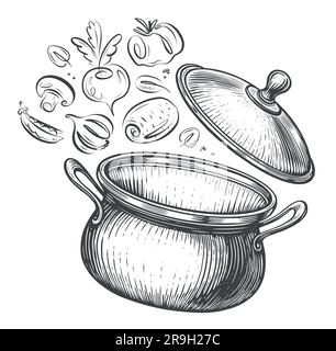 Vegetables falling into pot. Healthy eating, vegetarian food. Cooking ...