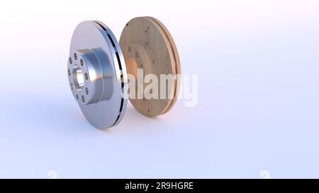 3D render - two car brake discs, one metal, the second wooden, on a ...