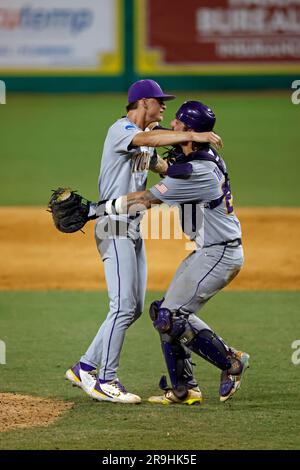 LSU infielder Gavin Guidry celebrates with catcher Hayden Travinski ...