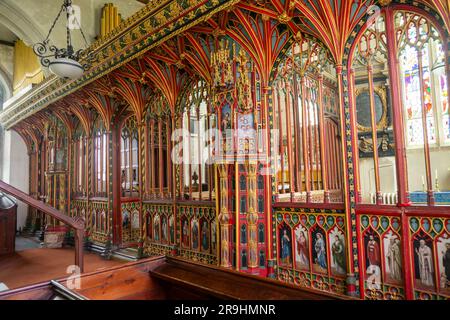 Rood screen inside village parish church of Saint Andrew, Harberton ...