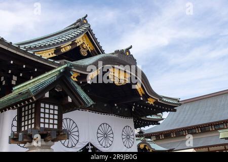 Tokyo, Japan-April 2023; Close up of the cypress door with large ...