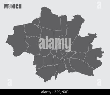Munich city, administrative map isolated on gray background, Germany ...