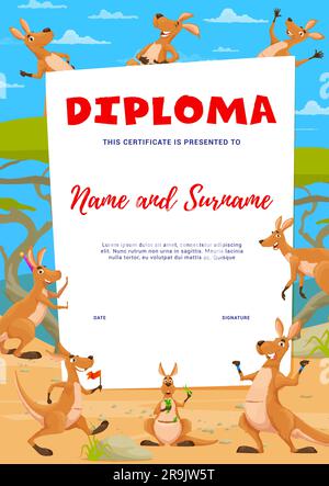 Kids diploma. Cartoon happy kangaroo characters. School graduation ...