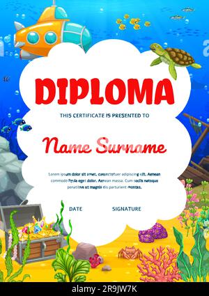 Kids diploma, cartoon underwater landscape and fairy buildings, vector ...