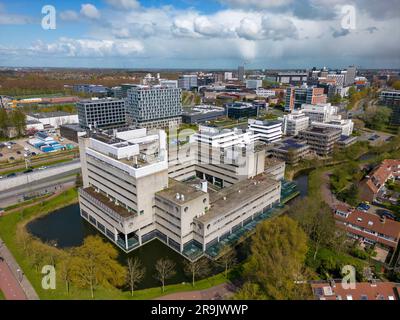 Aerial drone photo of office buildings in Leiden, the Netherlands. The ...