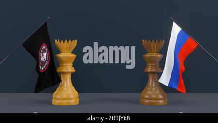 Russia and Wagner Group flags on table. Negotiation between Wagner and ...