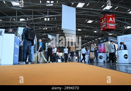 Munich, Germany. 27th June, 2023. Setups at SICK's booth can be seen at ...