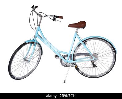 Blue retro bicycle with brown saddle and handles, generic bike front ...