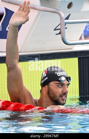 Thomas Ceccon of Italy celebrates after winning the men's 50m butterfly ...