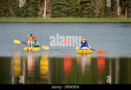 Canoes and dog on Cultis Lake. Century Drive, Oregon Stock Photo - Alamy