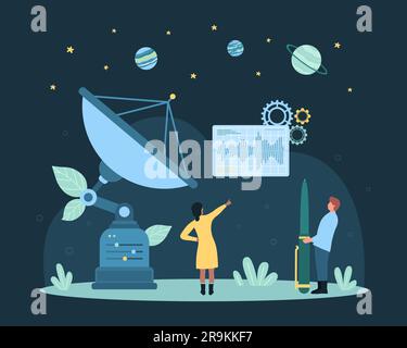 Cartoon tiny people receive or transmit signal of radio waves by ...