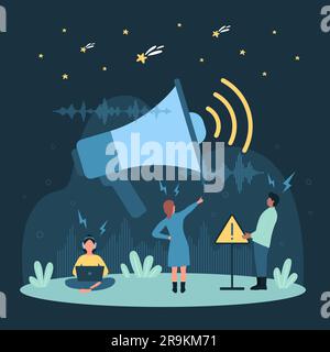 Cartoon tiny people suffering from loud sound and noisy spam of ...