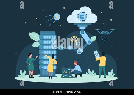 Cartoon tiny people control server hardware with robot arm, drone ...