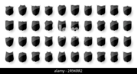 Set of various vintage 3d shield icons. Black heraldic shields ...